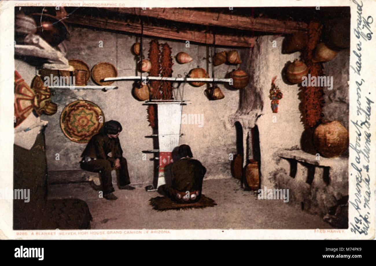 A photograph of a Hopi blanket weaver at the Hopi House, located in the ...