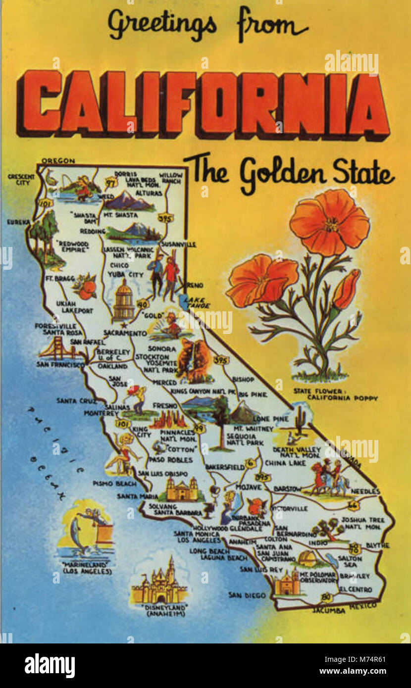 A vintage postcard depicting California’s iconic landmarks with the ...