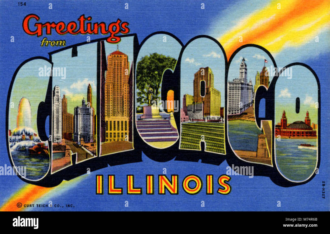 A postcard reading 'Greetings from Chicago, Illinois' showcases iconic ...