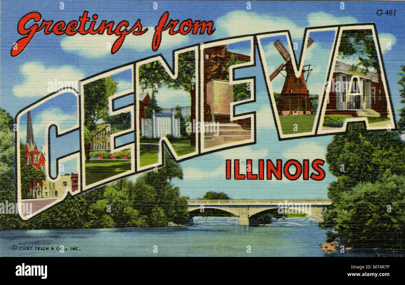 A postcard or image capturing the town of Geneva, Illinois, showcasing ...