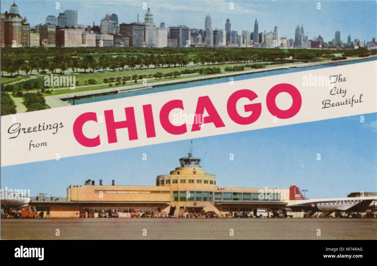 This postcard-style image offers a greeting from Chicago, featuring an ...
