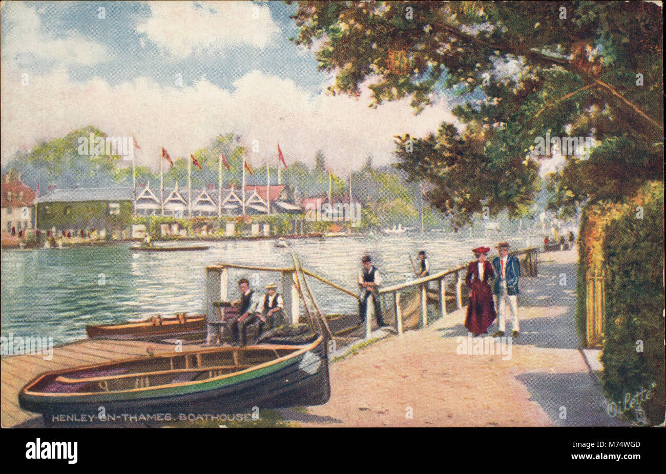 A view of boathouses along the Thames River in Henley, capturing the ...