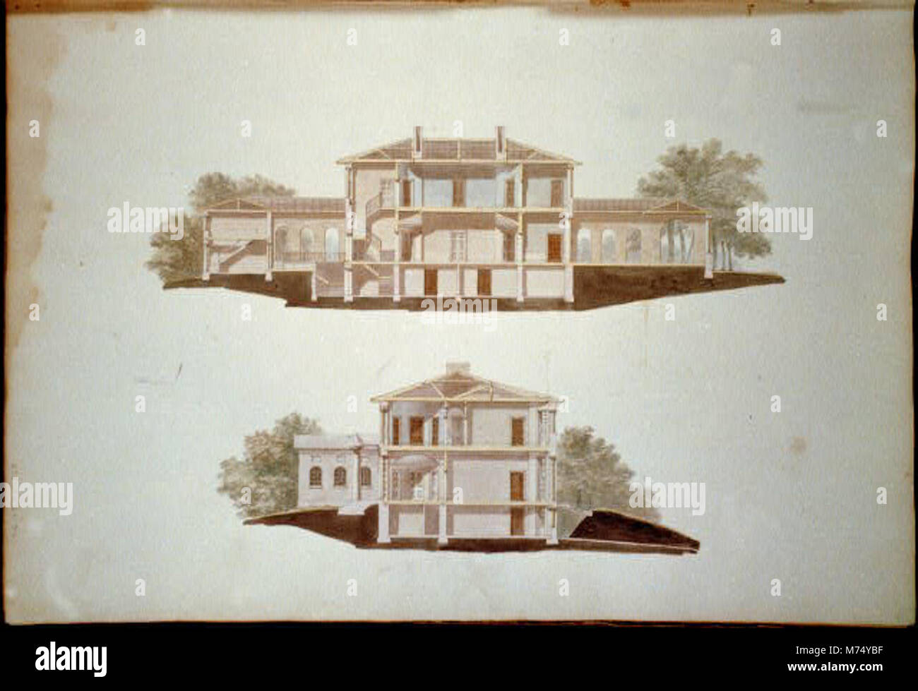 A series of architectural drawings of houses and a church proposed or ...