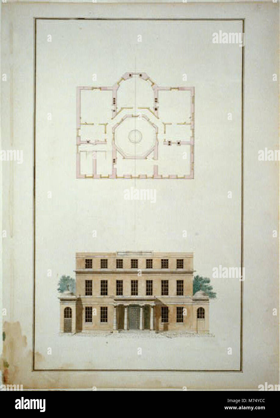 This architectural drawing illustrates the south front elevation and ...
