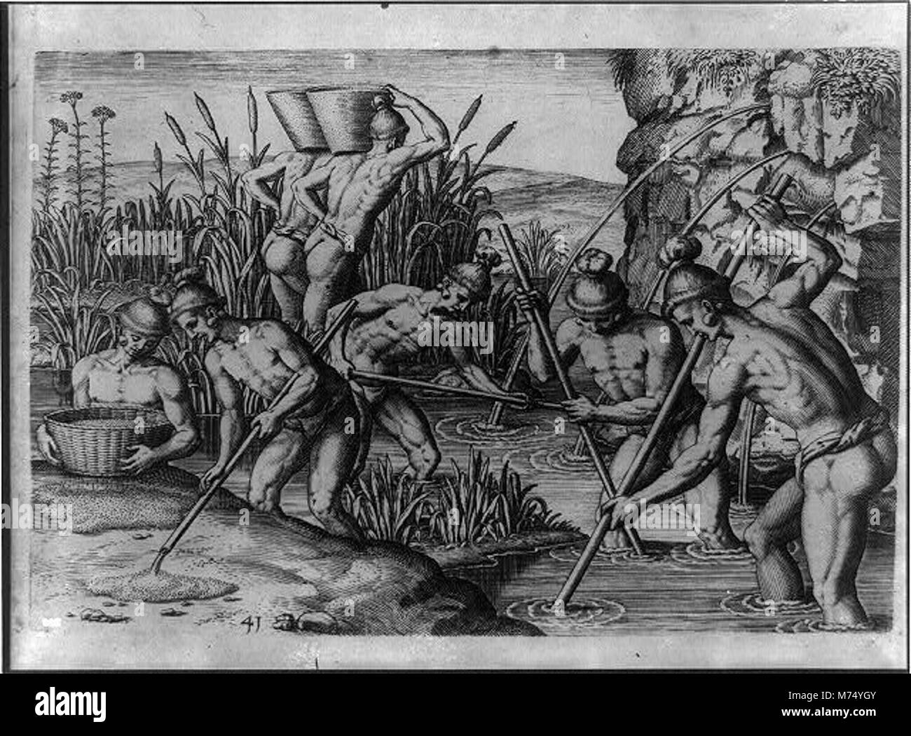 A depiction of Native American techniques for collecting gold from ...