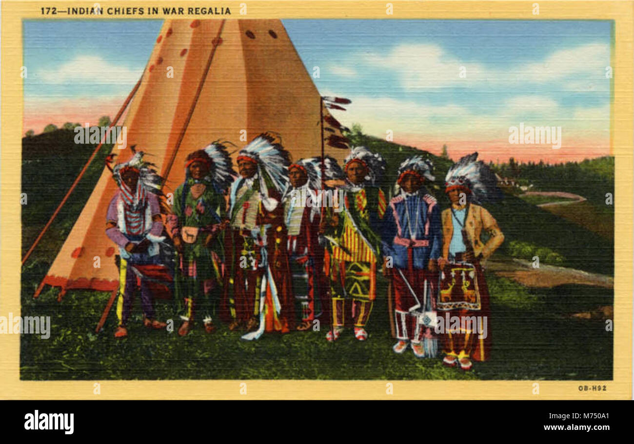 This image shows Native American chiefs dressed in full war regalia ...