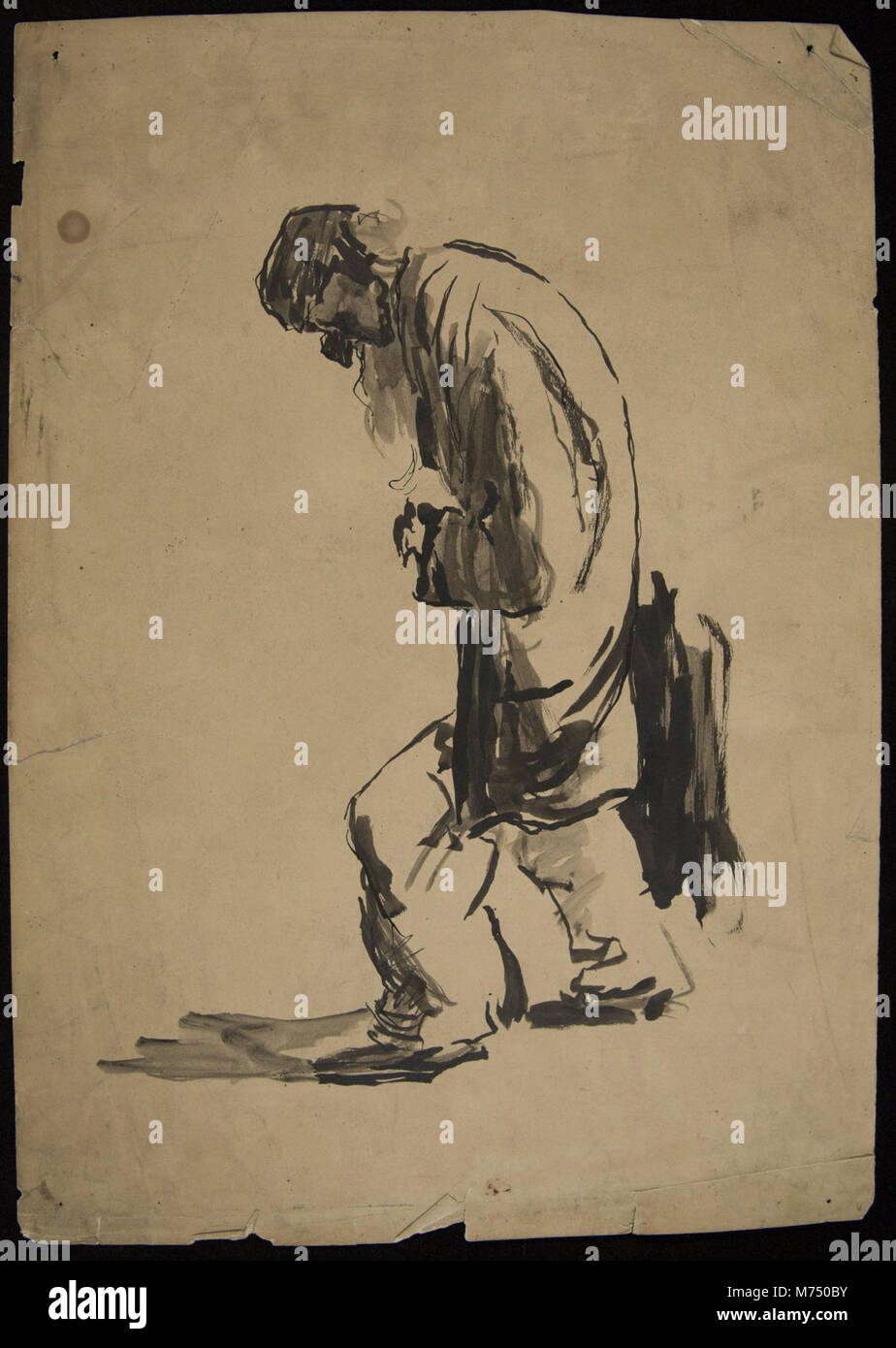 An ink drawing of an elderly man, created by an unknown artist. The ...
