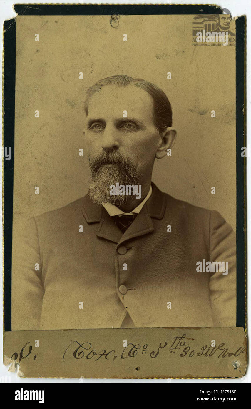 This portrait shows Isaac Cox, a historical figure captured in a formal ...