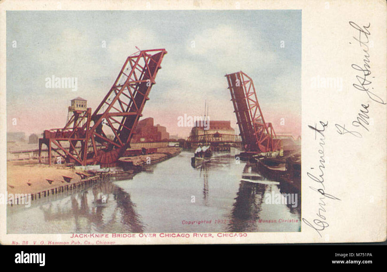 The Jack-Knife Bridge over the Chicago River is shown in a historical ...