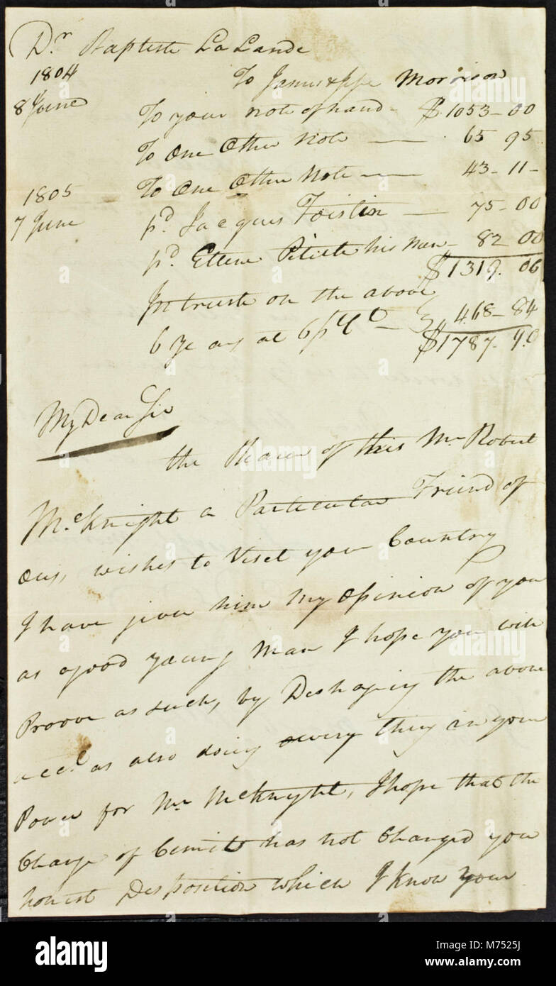 A historical document detailing the statement of account between James Morrison and Baptiste ...