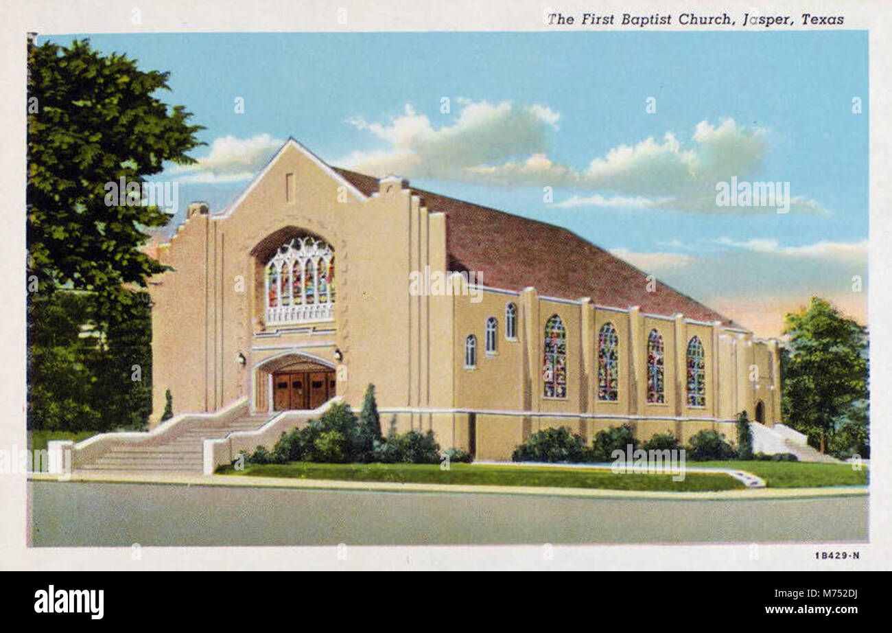 A photograph showing the First Baptist Church in Jasper, Texas ...