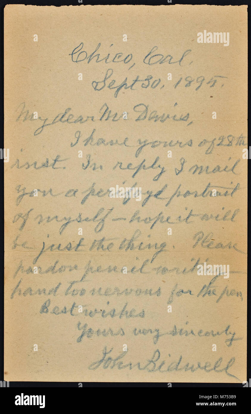 A historical letter written by John Bidwell to Mr. Davis in 1895. The ...