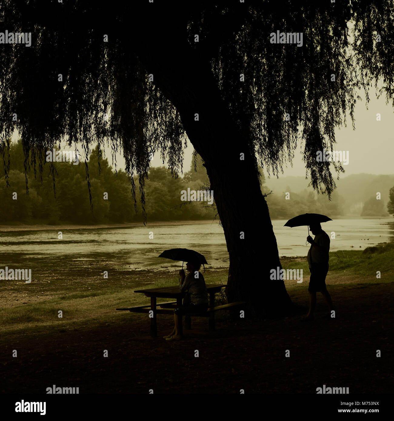 A couple with umbrellas sheltering from the rain out in the countryside ...