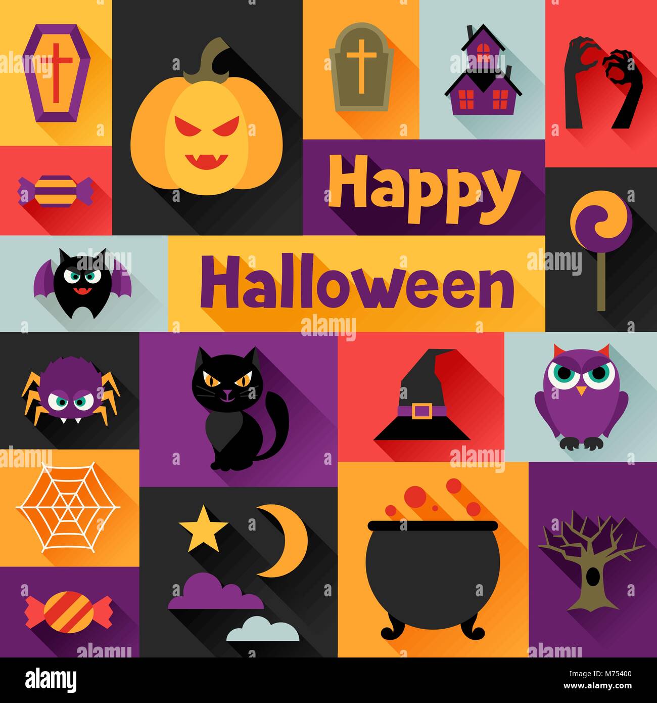 Happy halloween greeting card in flat design style Stock Vector Image ...