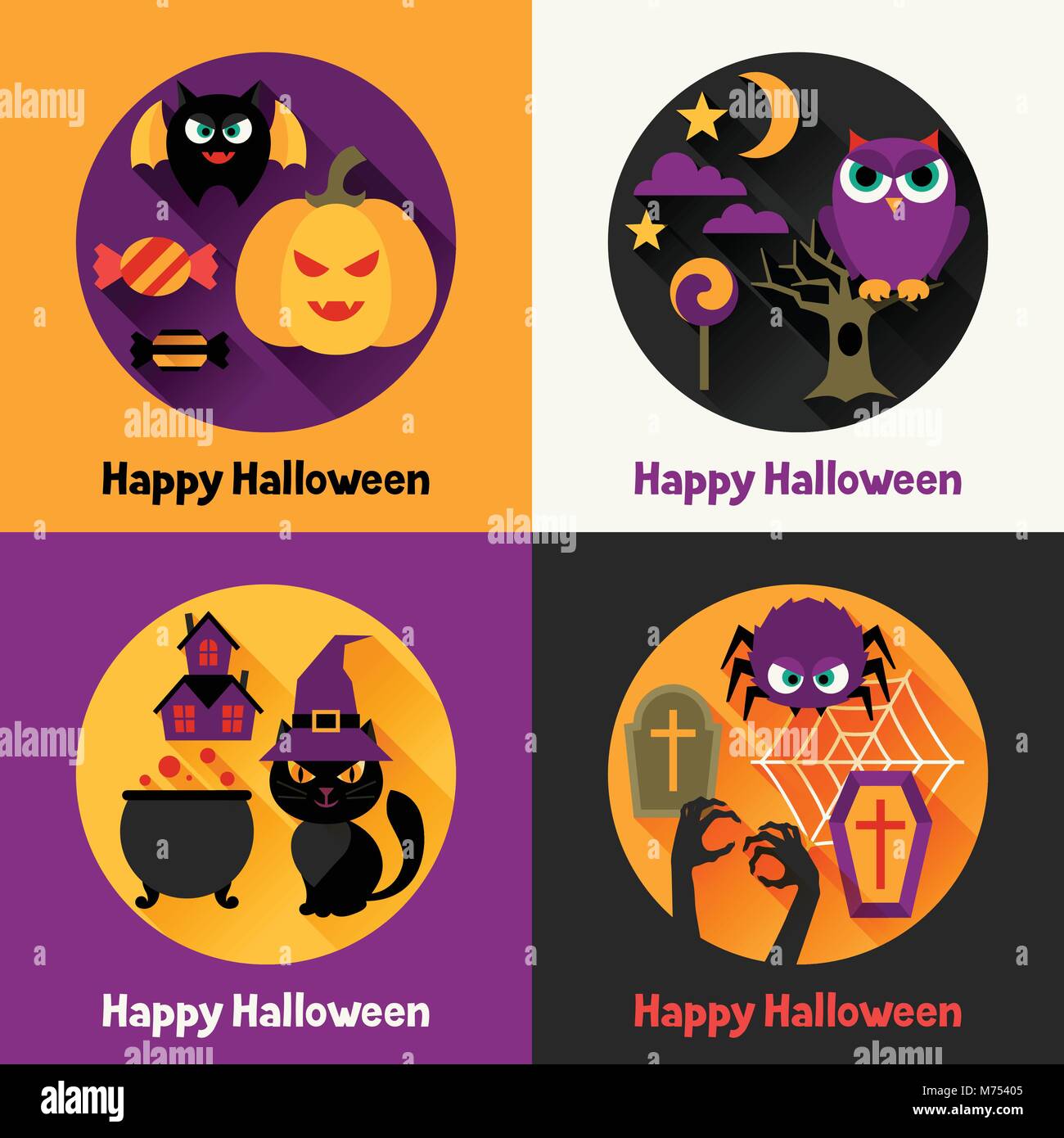 Happy halloween greeting cards in flat design style Stock Vector Image ...