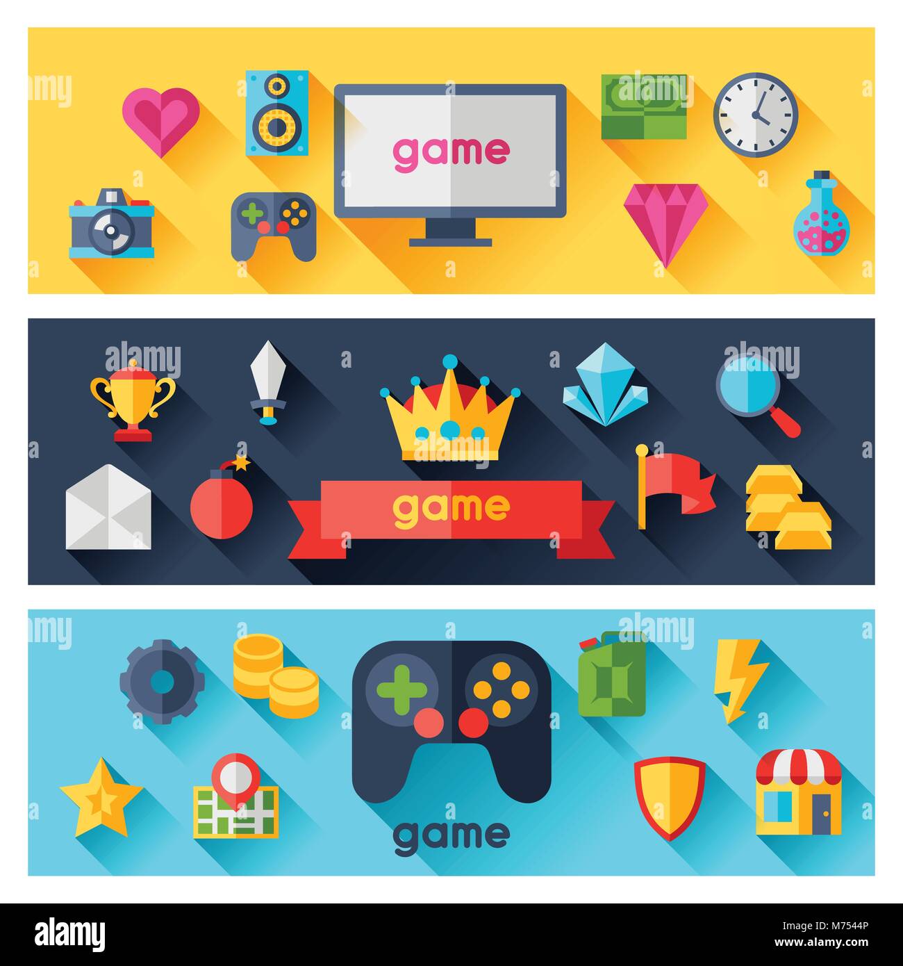 Horizontal banners with game icons in flat design style Stock Vector ...