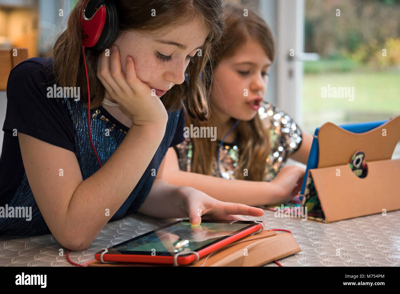 Horizontal portrait of two girls playing computer games together Stock ...