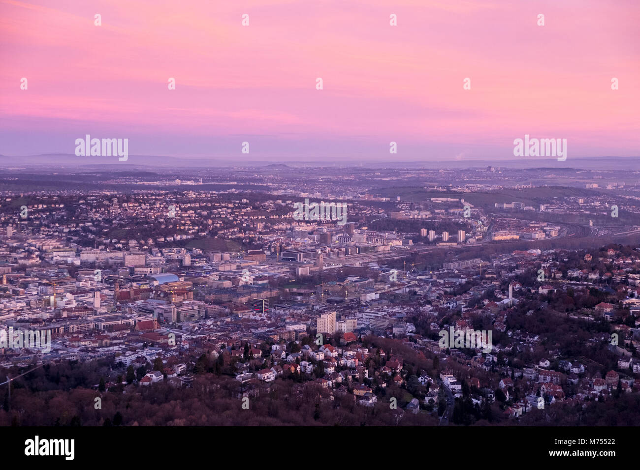 Aerial view of the city of Stuttgart in a beautiful morning sunrise as ...
