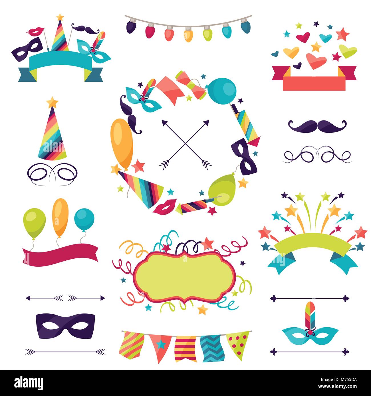 Celebration carnival set of icons, decorations and objects Stock Vector ...