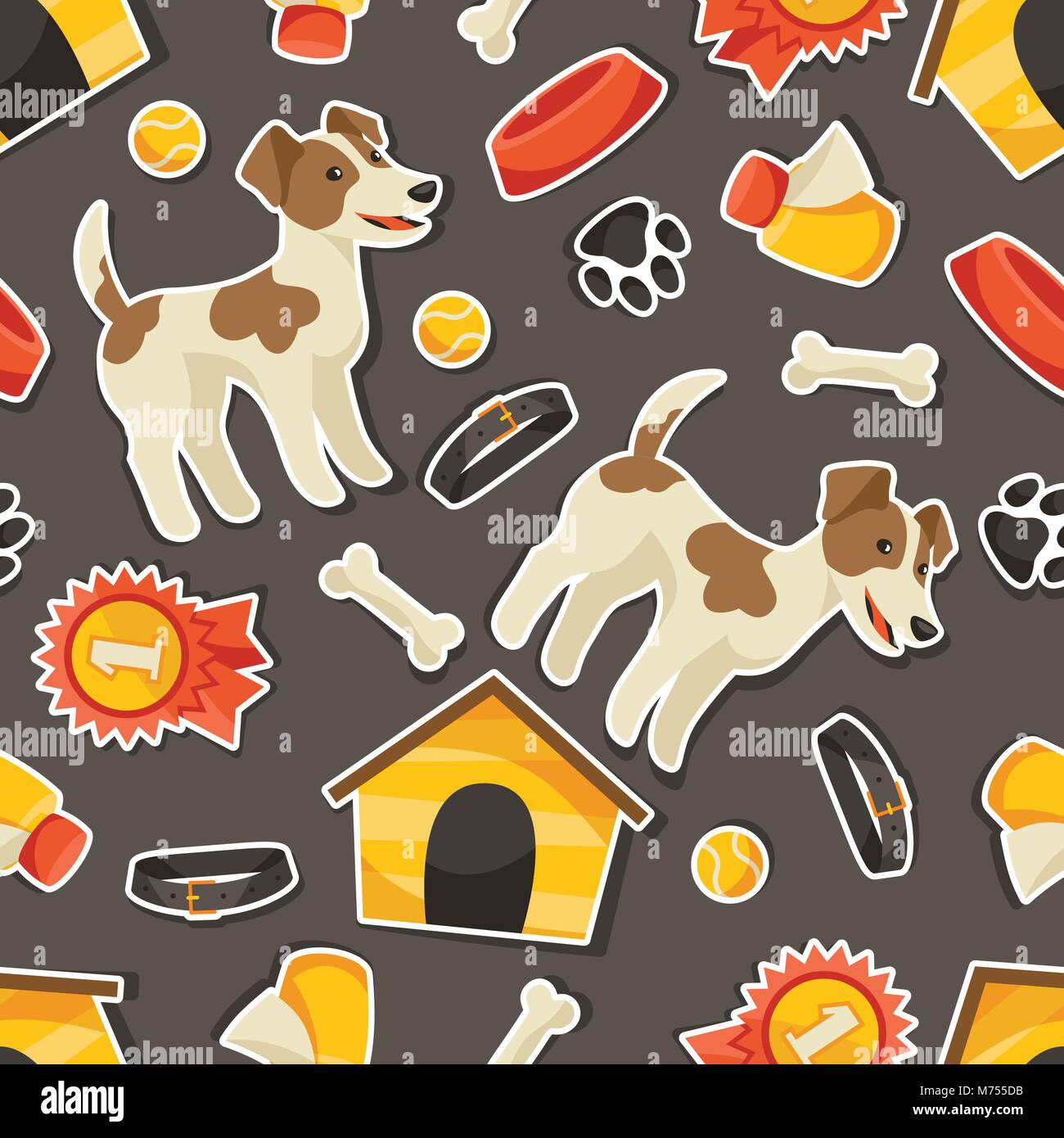 Seamless pattern with cute sticker dogs, icons and objects Stock Vector ...