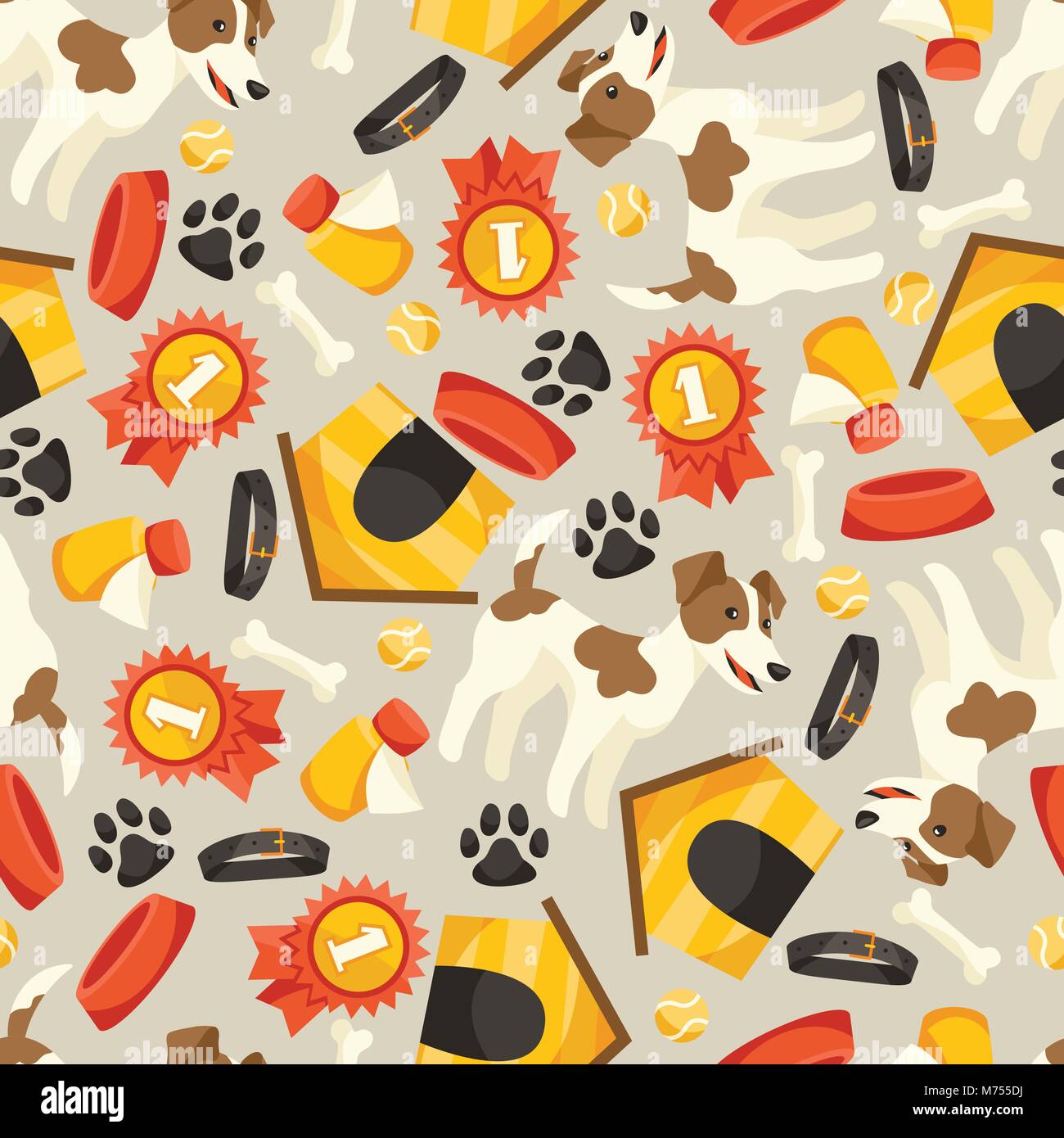 Seamless pattern with cute dogs, icons and objects Stock Vector Image ...