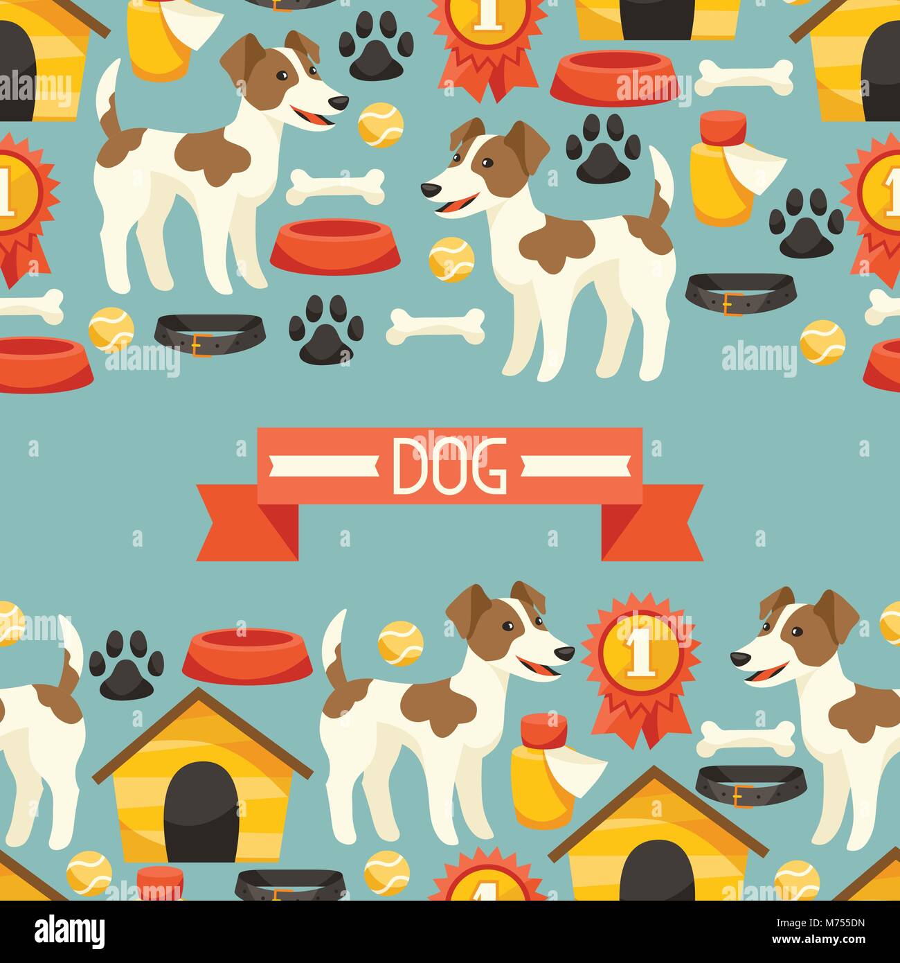 Seamless pattern with cute dogs, icons and objects Stock Vector Image ...