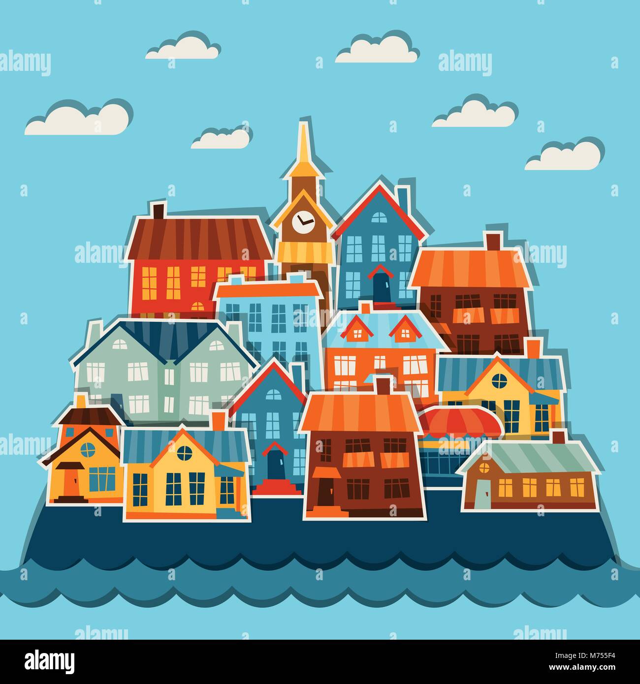 Town background design with cute colorful sticker houses Stock Vector ...