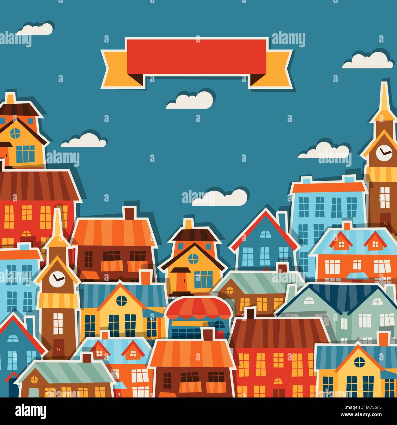 Town background design with cute colorful sticker houses Stock Vector ...