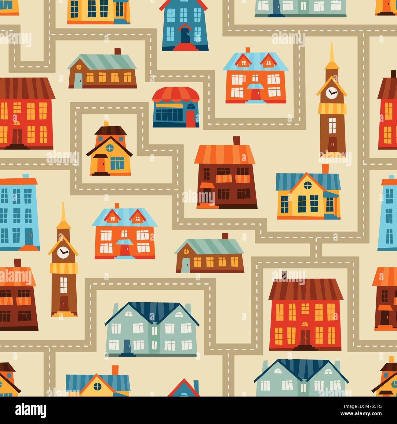Town seamless pattern with cute colorful houses Stock Vector Image ...