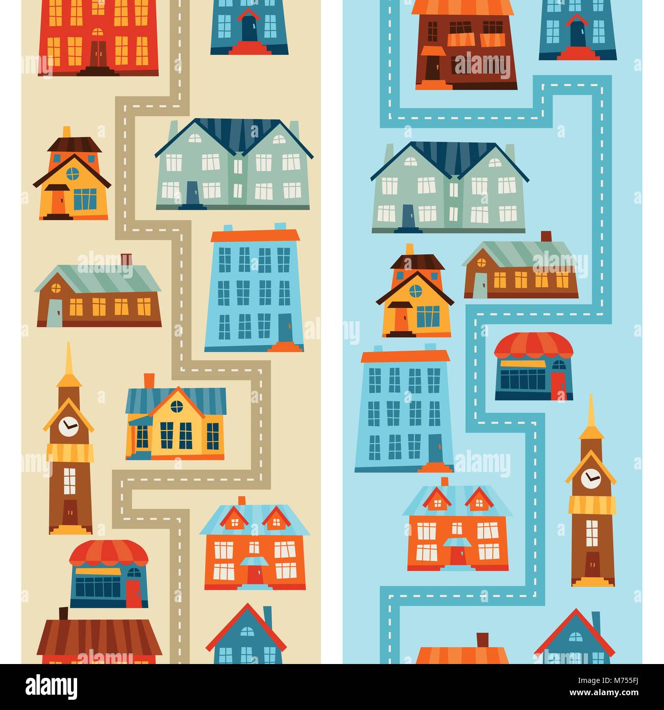 Town seamless patterns with cute colorful houses Stock Vector Image ...