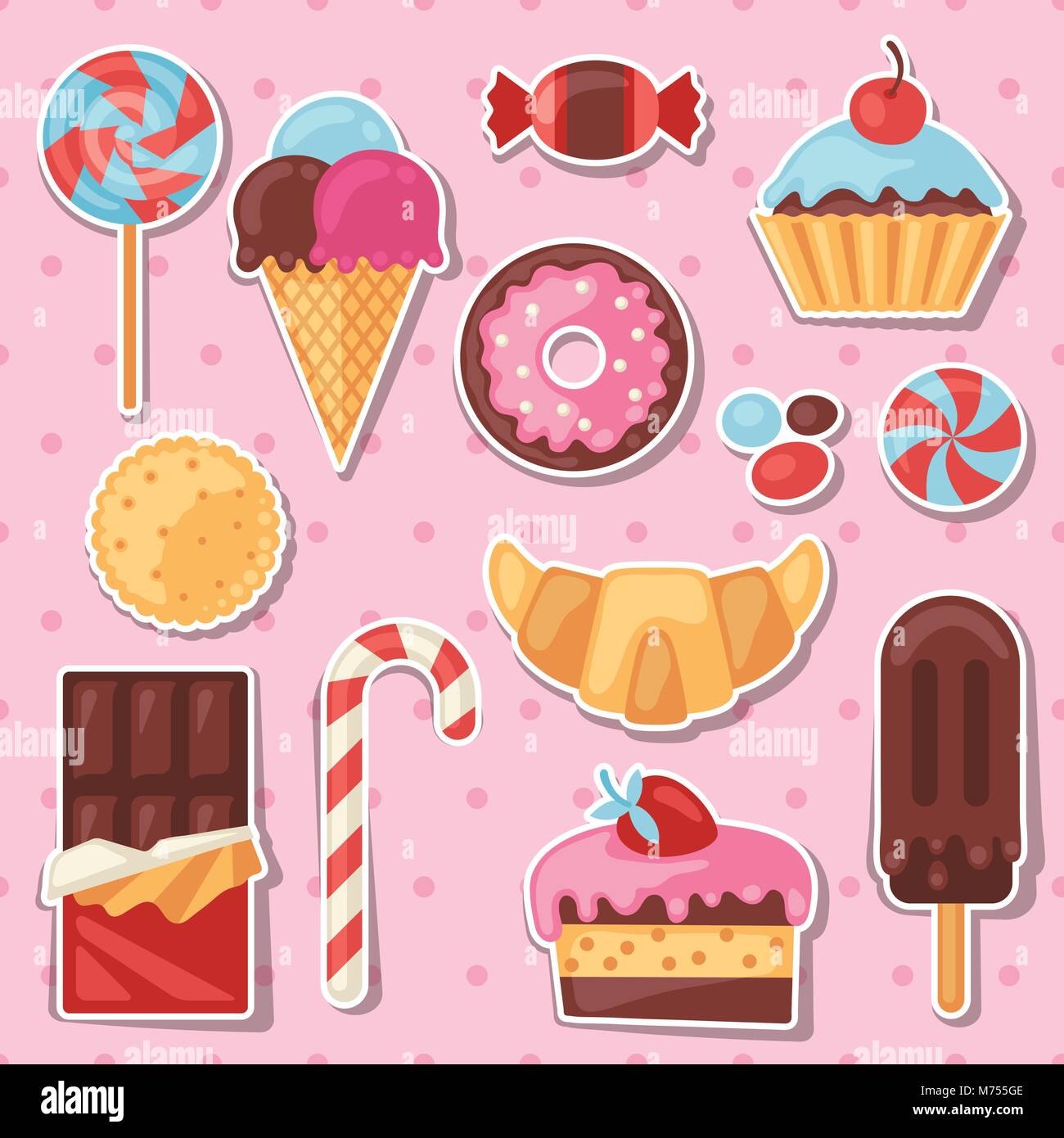 Set of colorful sticker candy, sweets and cakes Stock Vector Image ...