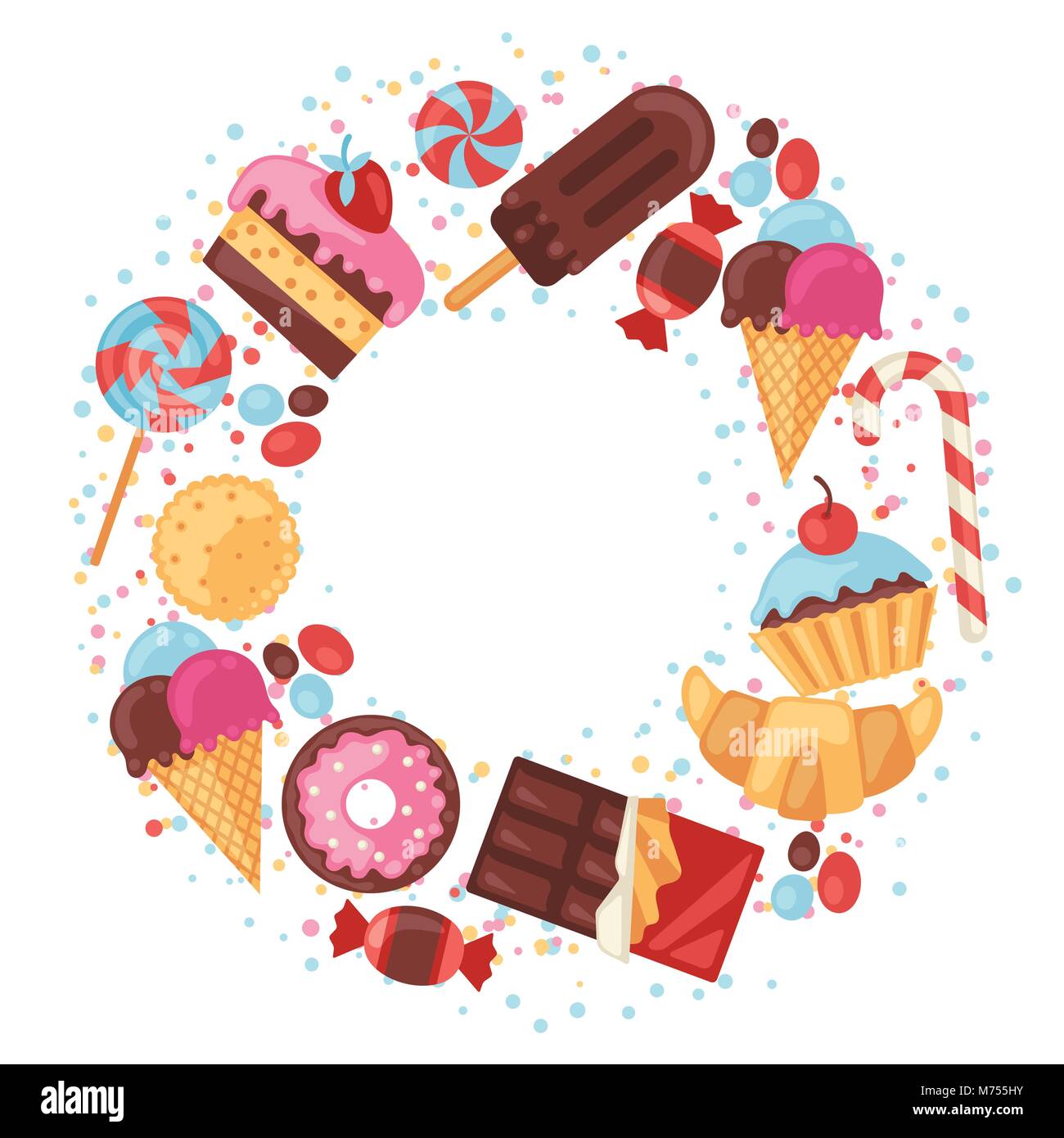 Background with colorful various candy, sweets and cakes Stock Vector ...