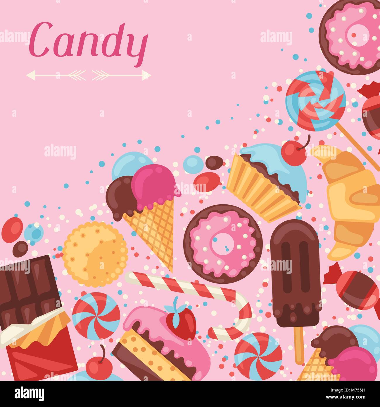 Background with colorful various candy, sweets and cakes Stock Vector ...