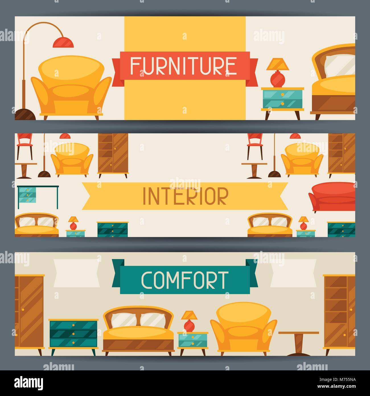 Interior horizontal banners with furniture in retro style Stock Vector ...