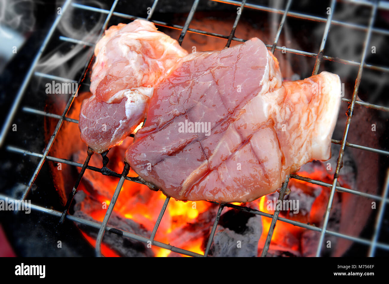 Pork meat on Hot fire of charcoal burning in the stove photo in outdoor ...