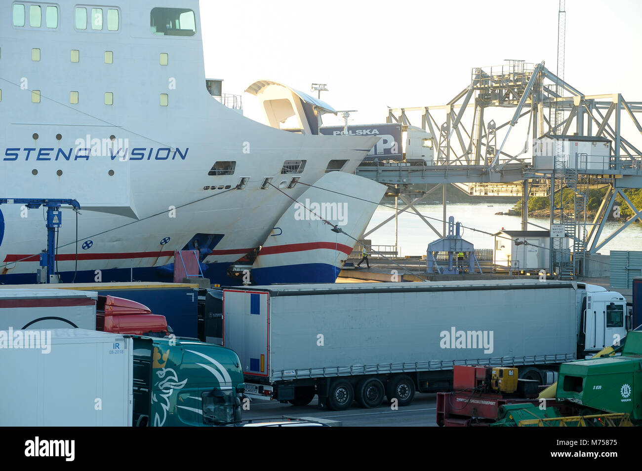 Trucks entering the cruiseferry MS Stena Vision on Karlskrona-Gdynia ...