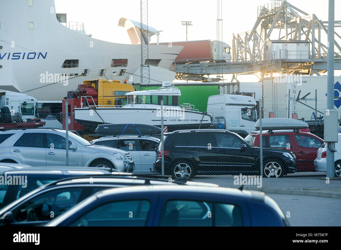 Trucks entering the cruiseferry MS Stena Vision on Karlskrona-Gdynia ...