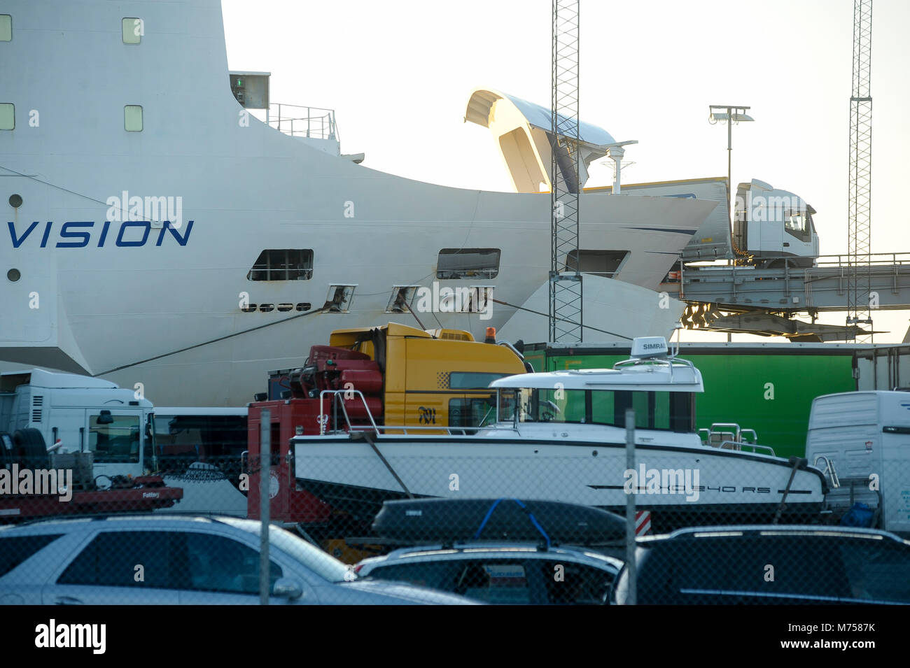 Trucks entering the cruiseferry MS Stena Vision on Karlskrona-Gdynia ...