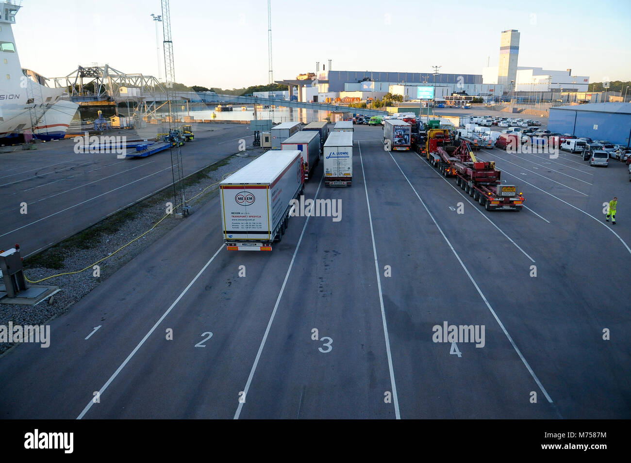 Trucks waiting to enter the cruiseferry MS Stena Vision on Karlskrona ...