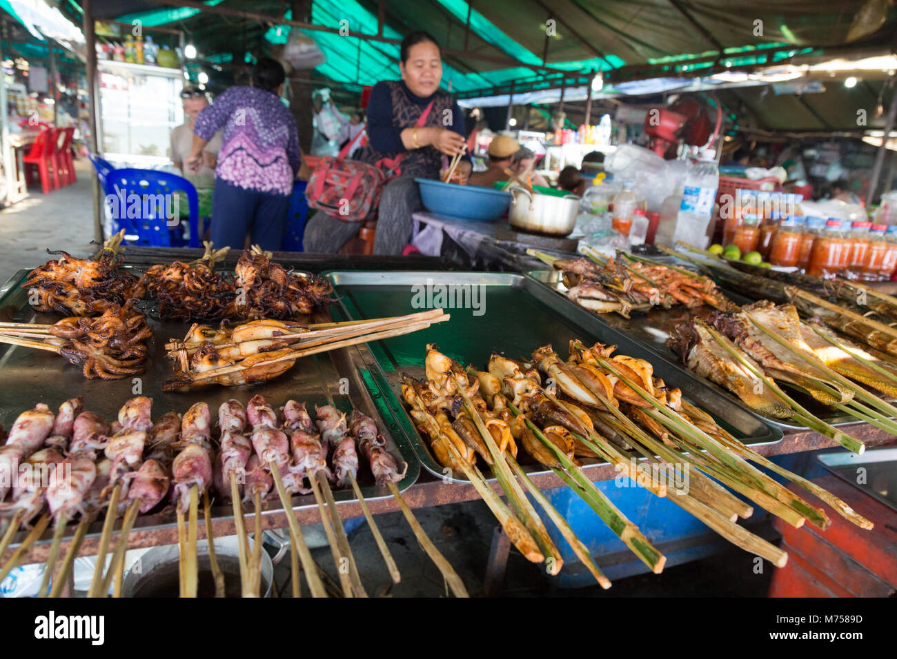 Kep Crab market stall with grilled seafood, Kep, Cambodia Asia Stock ...