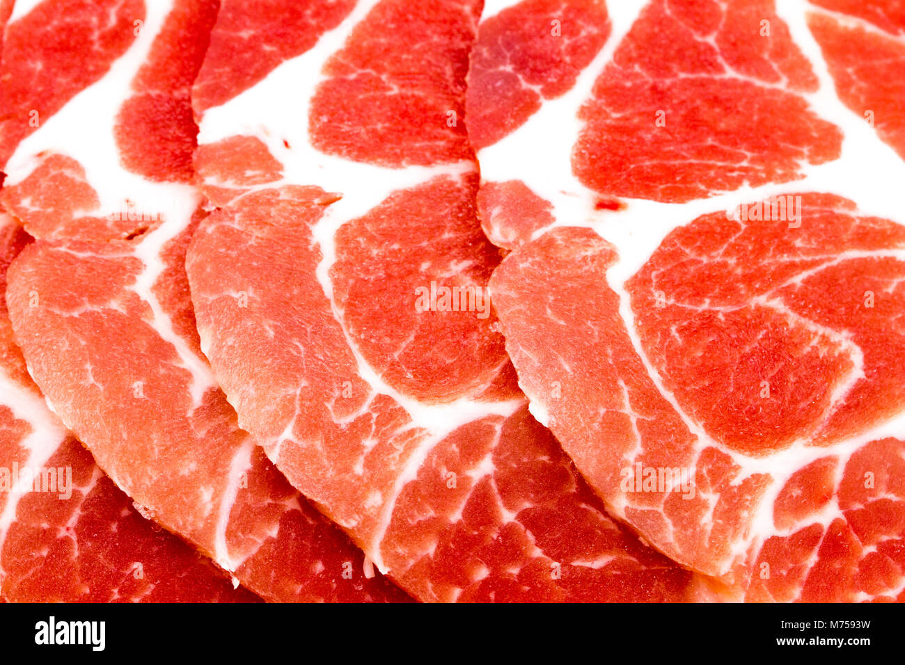 Close-up sliced raw pork isolated on white background. It copy space ...