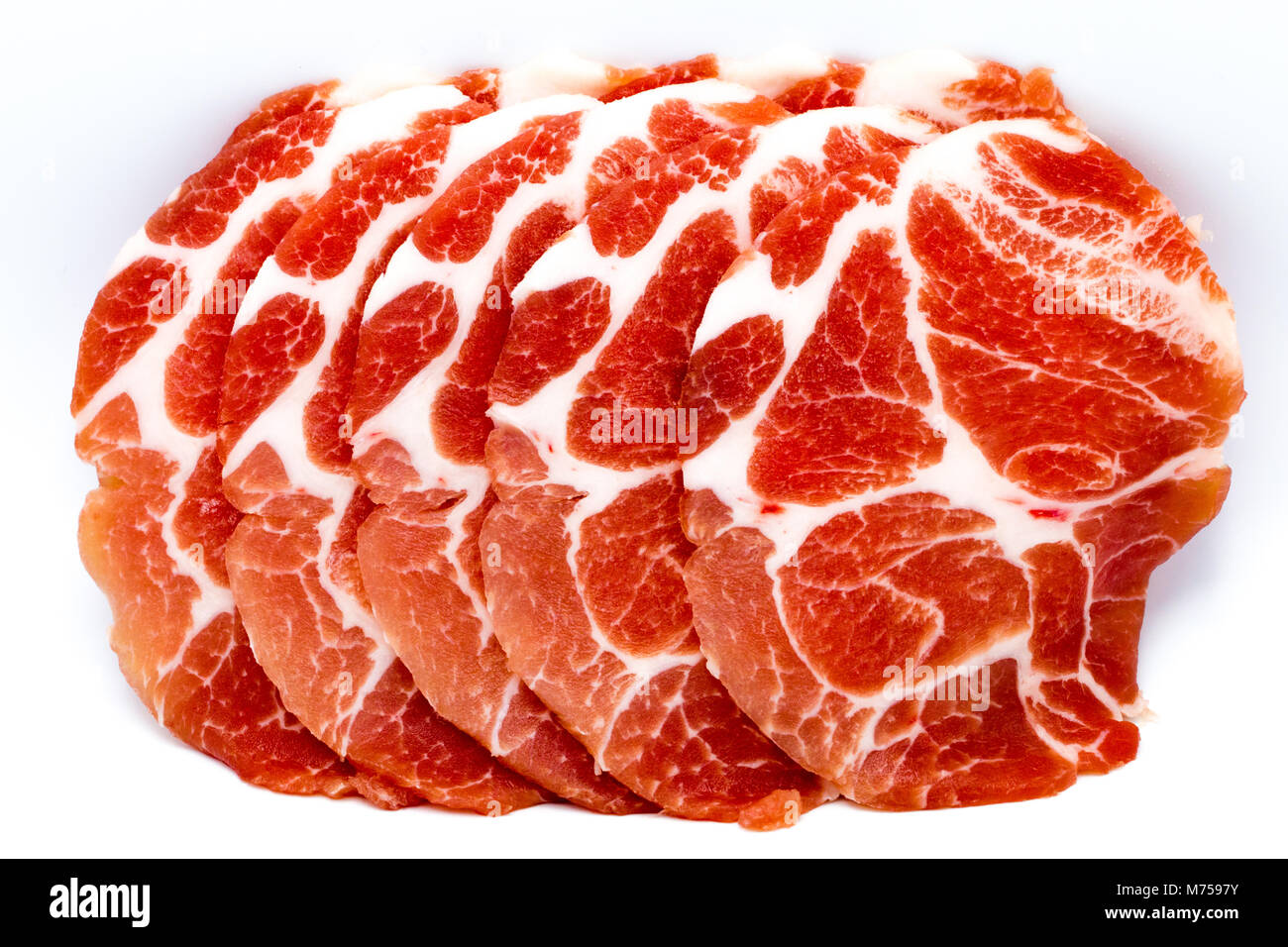 Close-up sliced raw pork isolated on white background. It copy space ...
