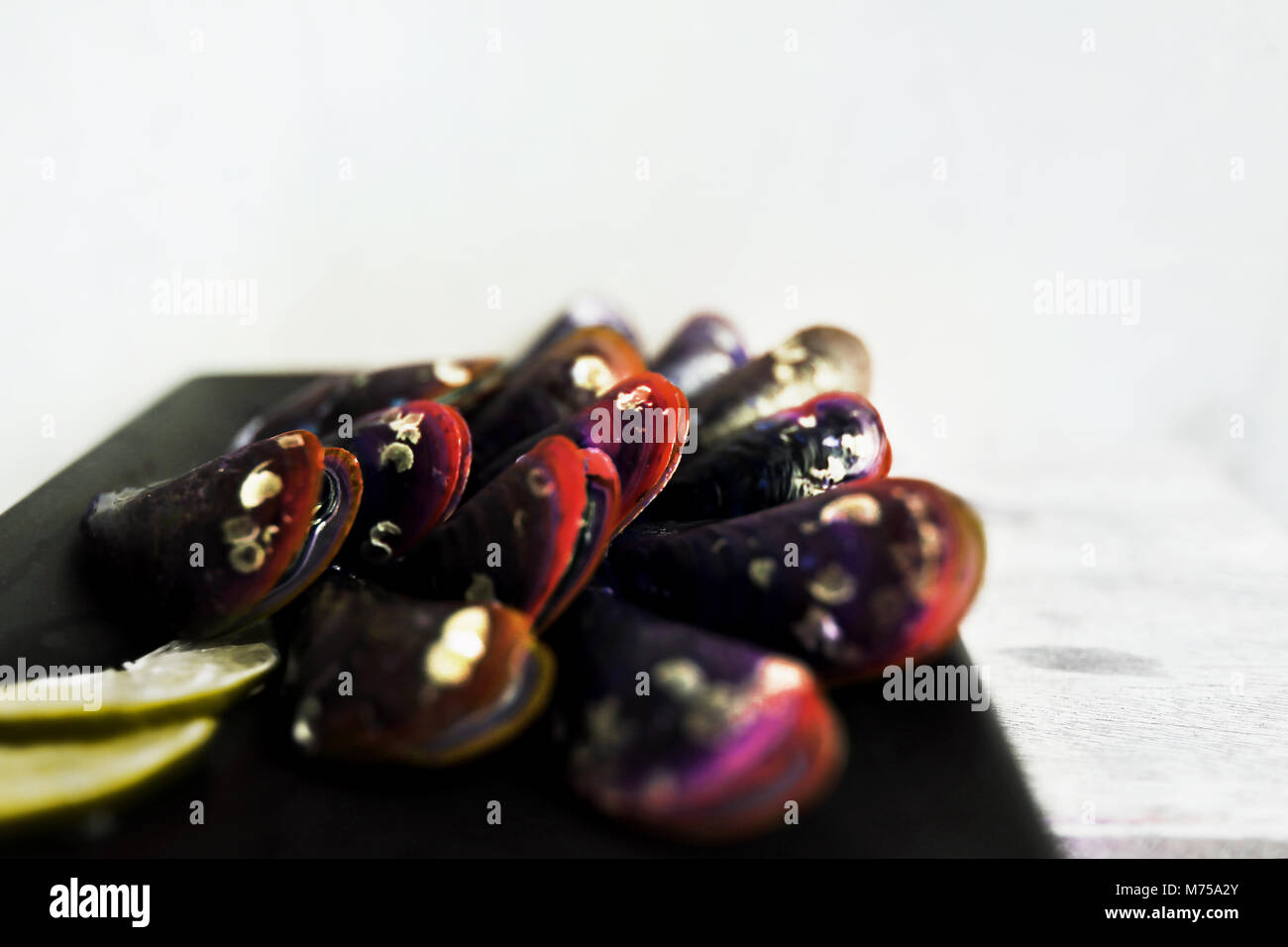 Healthy bright red exotic mollusk food on black platge, tasty appetizer ...