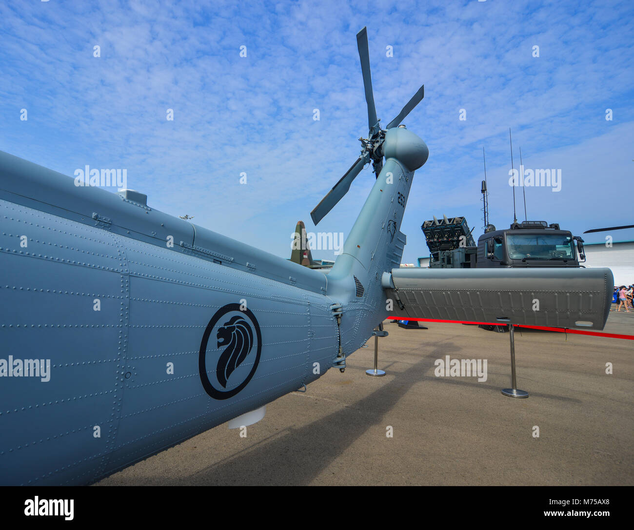 Singapore - Feb 10, 2018. Part of Eurocopter EC725 helicopter belonging ...