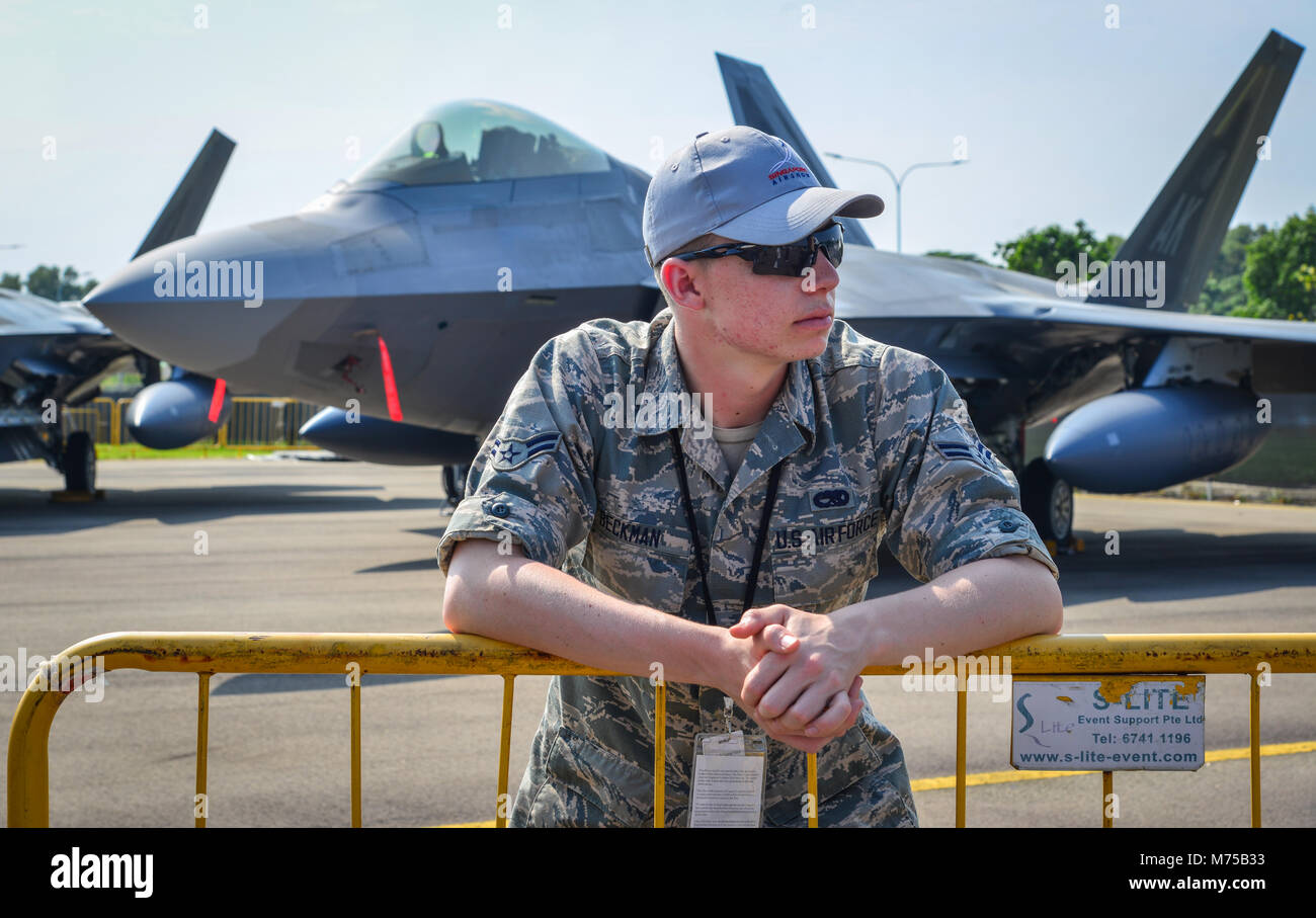 Singapore - Feb 10, 2018. A US Air Force soldier with aircrafts in ...