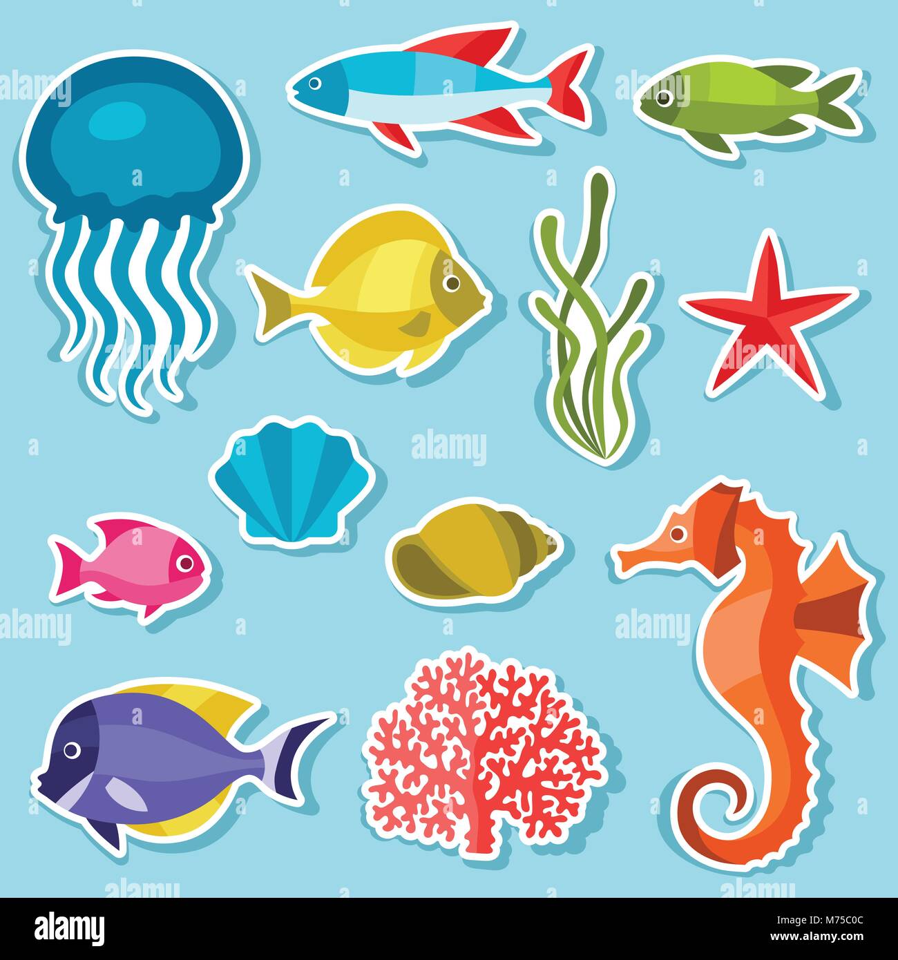 Marine life set of sticker, objects and sea animals Stock Vector Image ...