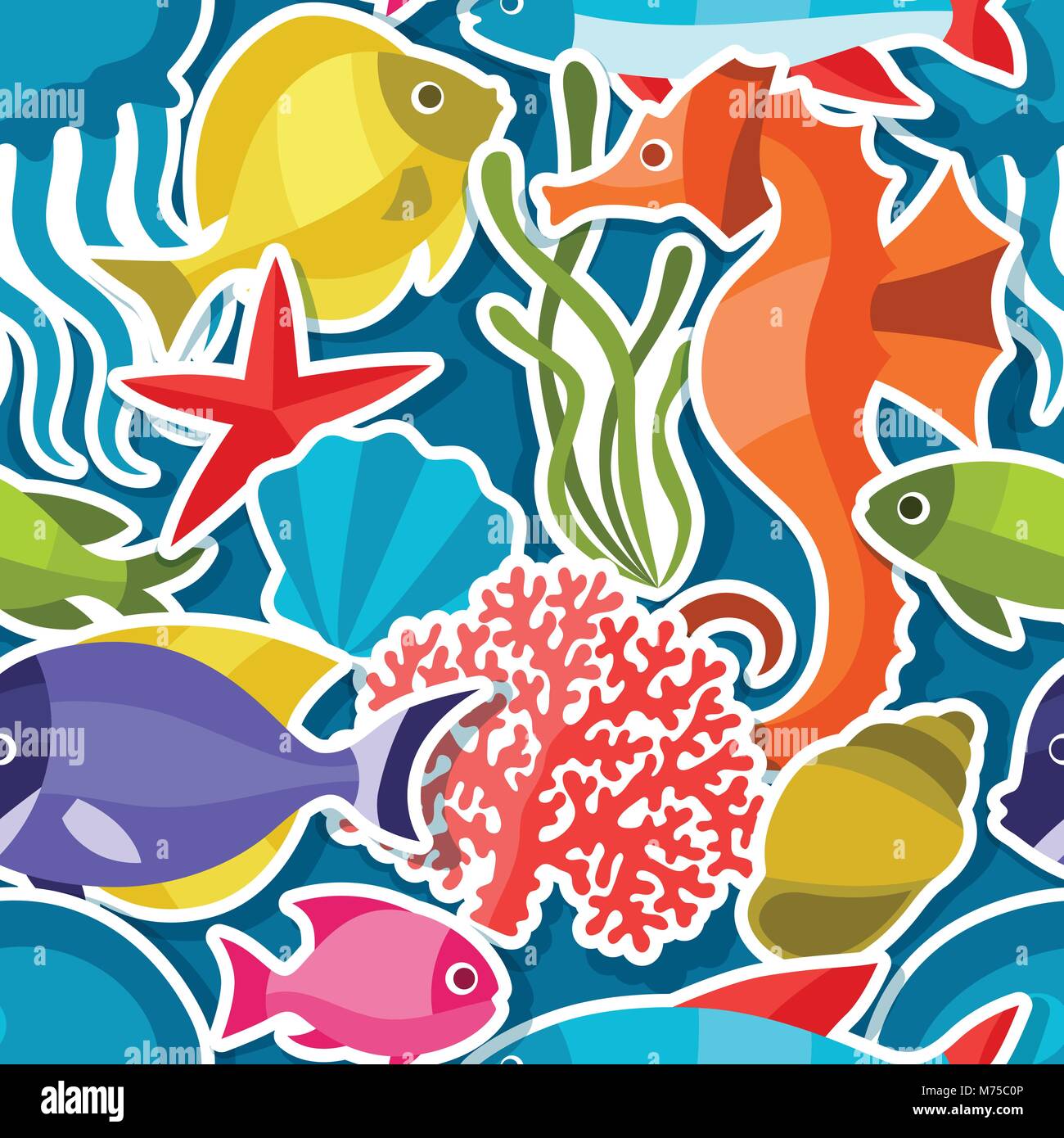 Marine life sticker seamless pattern with sea animals Stock Vector ...
