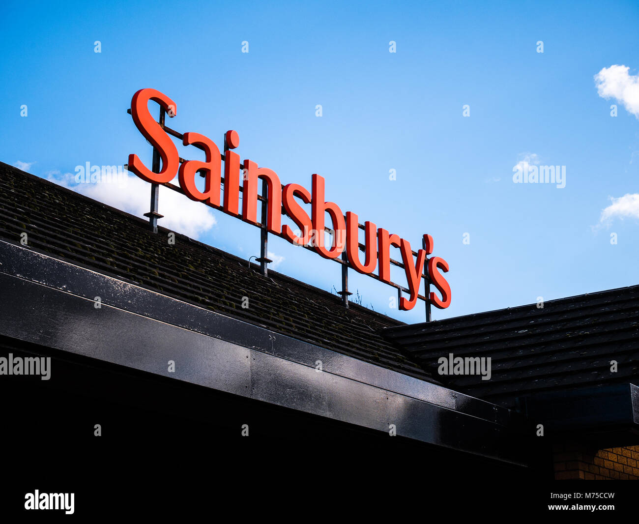 Sign over the roof of the store at Sainsbury's supermarket, Kettering ...