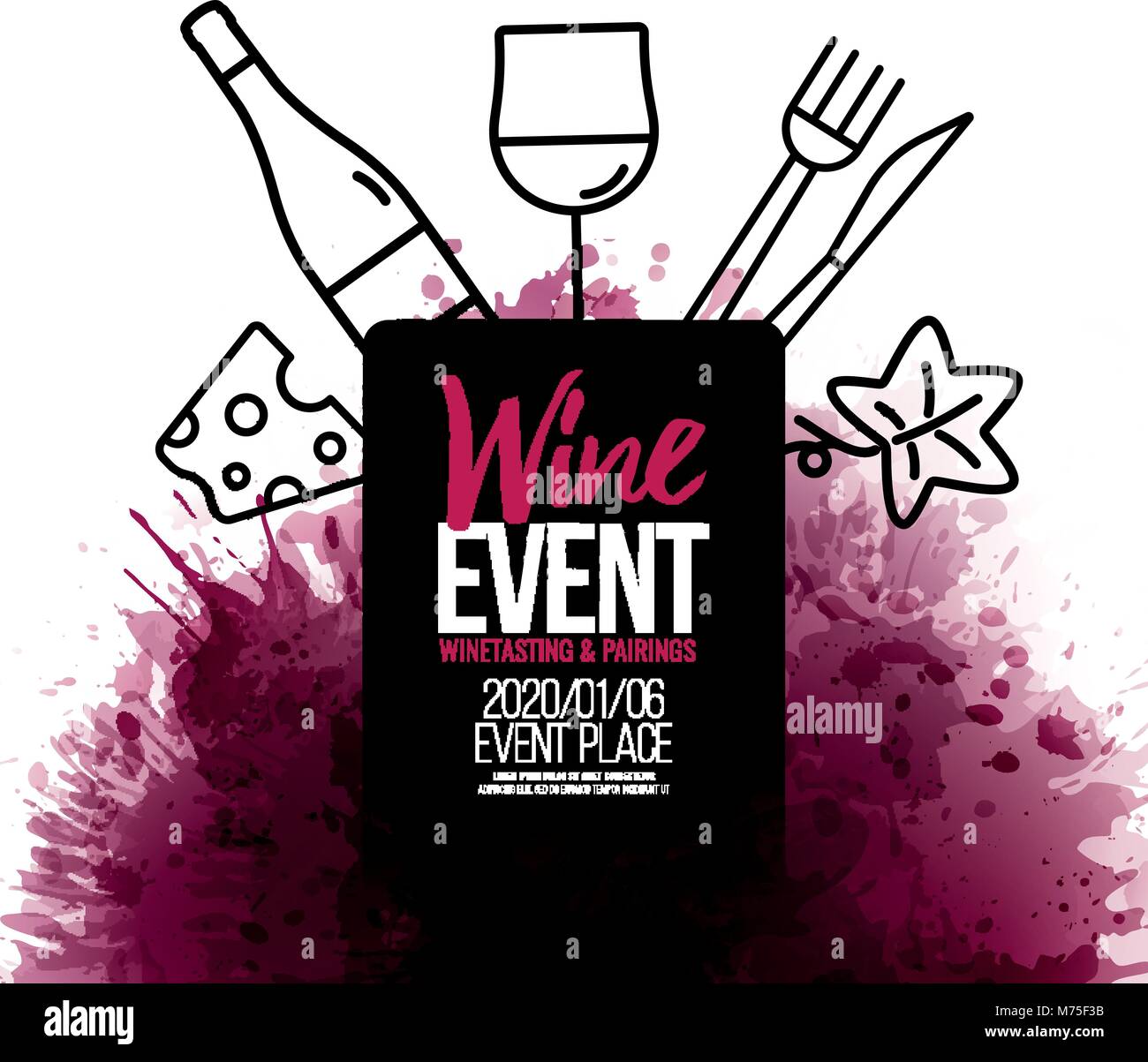 Concept with food and drink icons. Background texture of wine stains ...