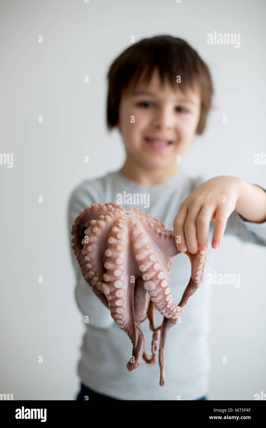 Cute preschool child, boy, holding raw octopus, isolated on white ...